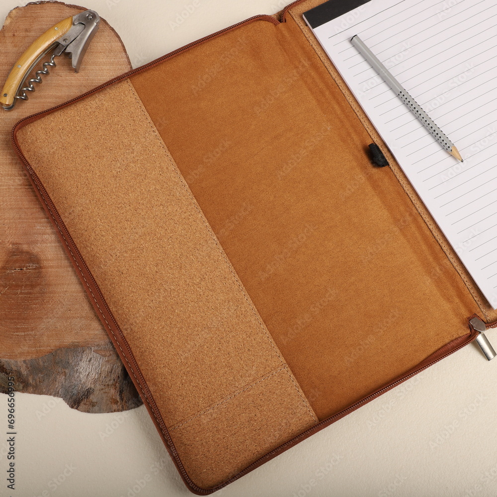 Leather Zipper Portfolio. Concept shot, top view, flap portfolio in ... Leather Zipper Portfolio. Concept shot, top view, flap portfolio in ...