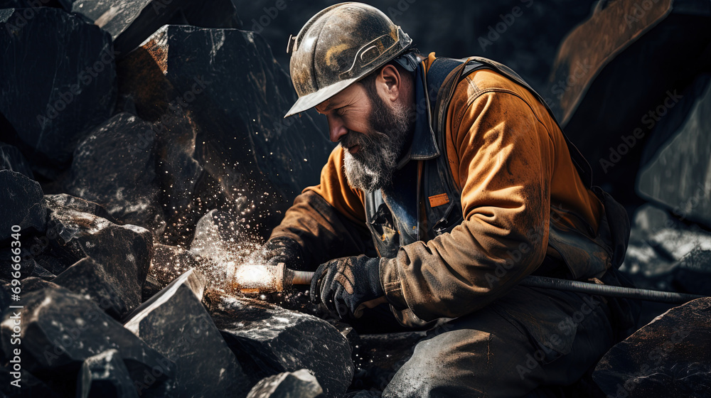 Tenacious Miner Breaking Through Solid Rock to Reveal the Shimmering ...