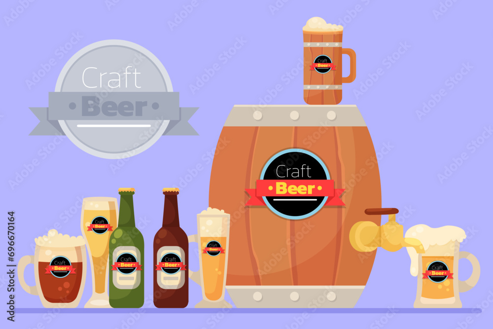 Craft beer banner design. Wooden barrel and mug with beer, different ...