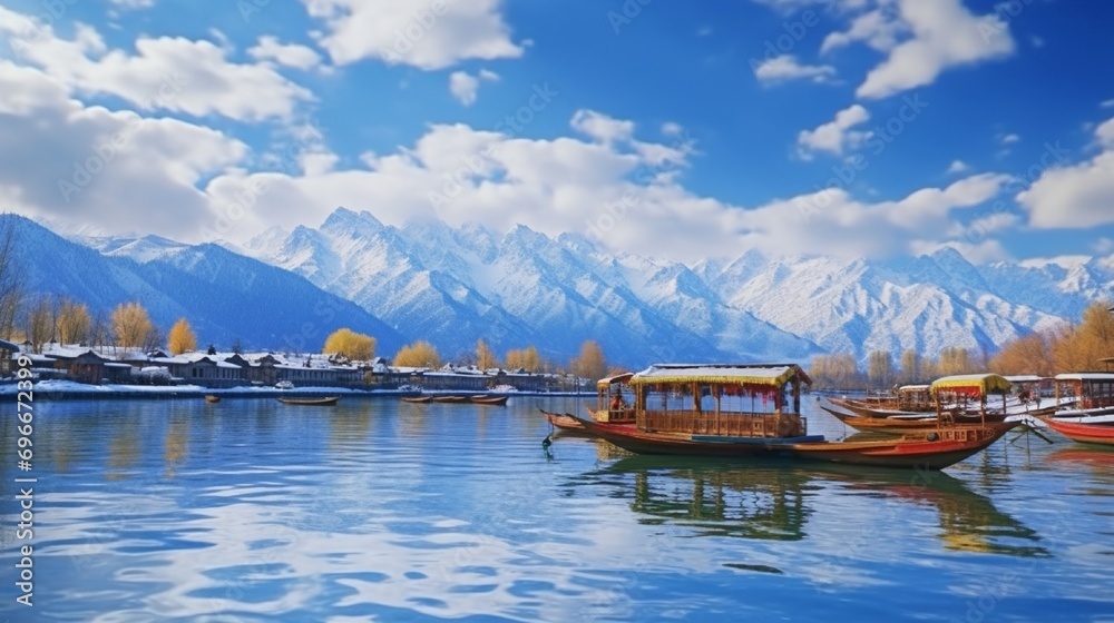 Beautiful view of the colorful Shikara boats floating on Dal Lake, Srinagar, Kashmir, India ...