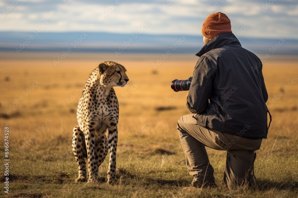 Cheetah sits on the shoulder of a man with a camera, A photographer ...