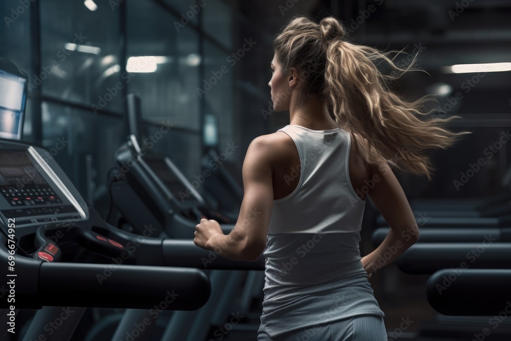 Side view of a young woman running on a treadmill in a gym, A woman ...