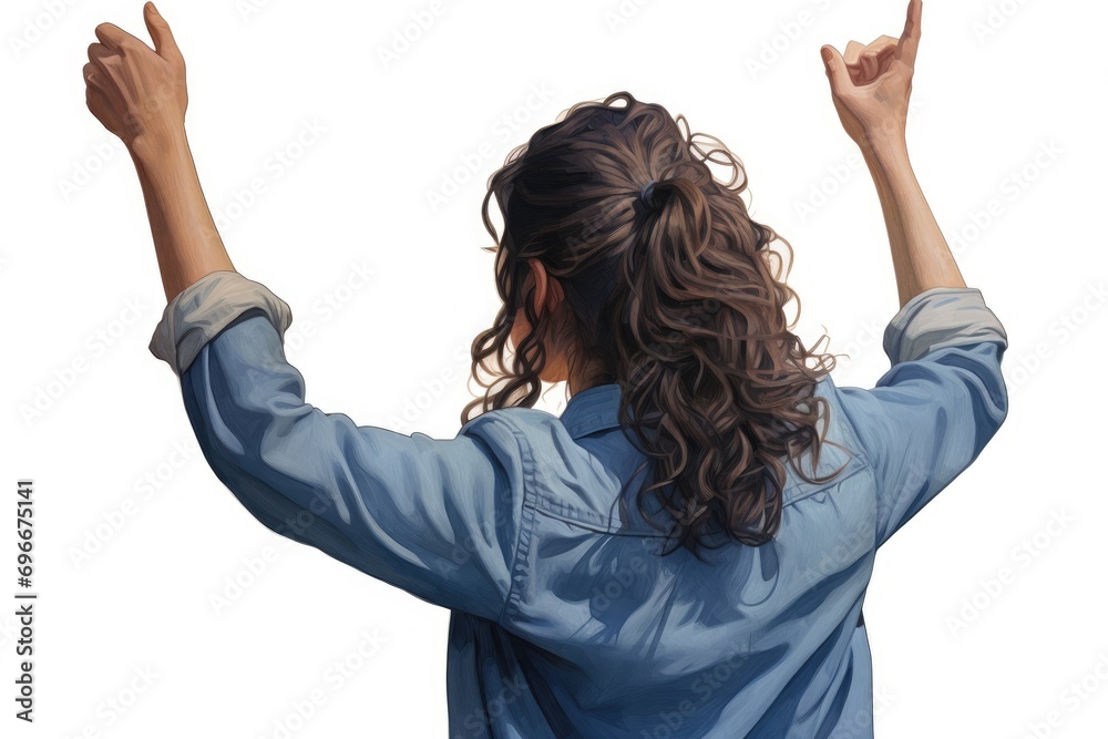 Rear view of woman showing thumbs up against white background with ...