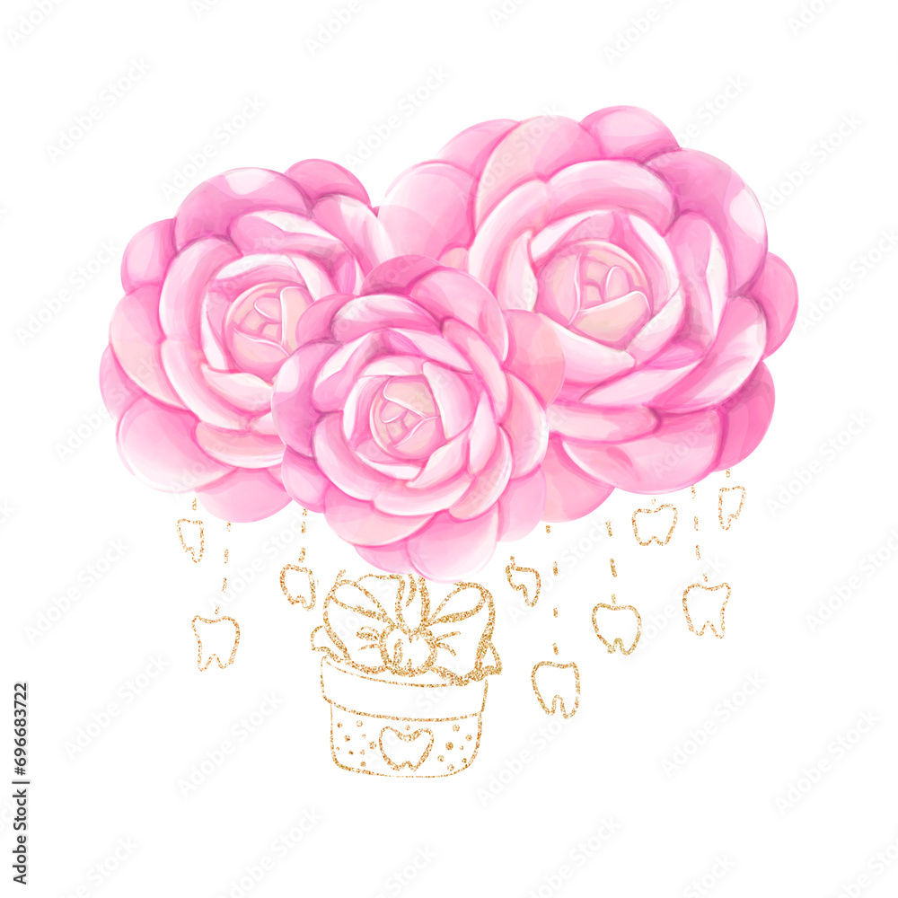 Watercolor gift from fairy tooth. Congratulation first teeth. Dental ...