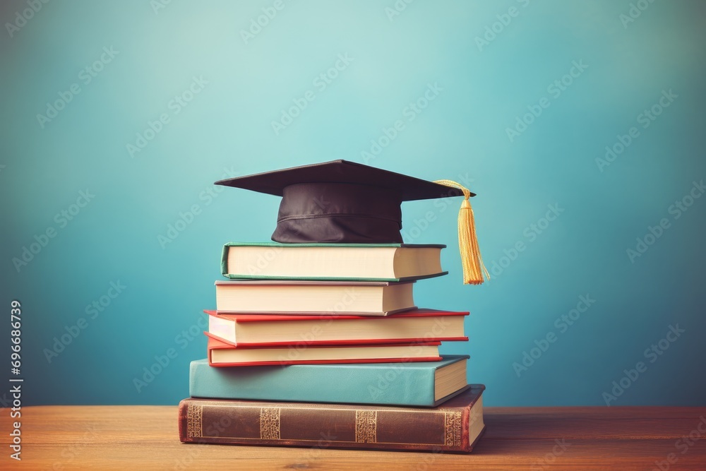 Graduation cap and stack of books on wooden table over blue background ...
