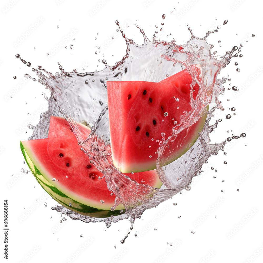 Vivid watermelon juice splash against a transparent background ...
