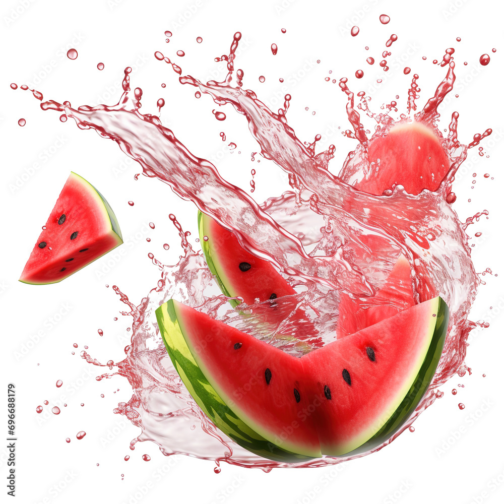 Vivid watermelon juice splash against a transparent background ...