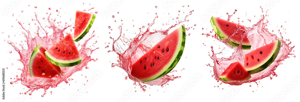 Vivid watermelon juice splash against a transparent background ...