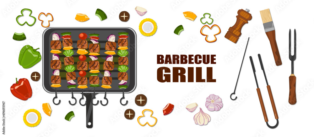 Vector set of grilled food, barbecue, various spices, and vegetables ...
