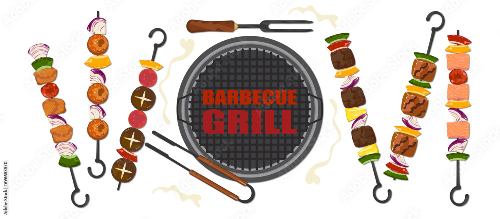 Vector set of grilled food, barbecue, various spices, and vegetables ...