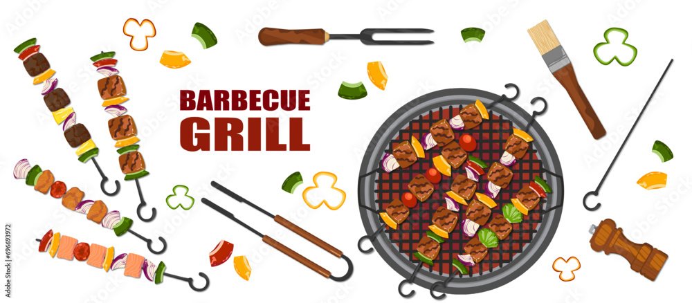 Vector set of grilled food, barbecue, various spices, and vegetables ...