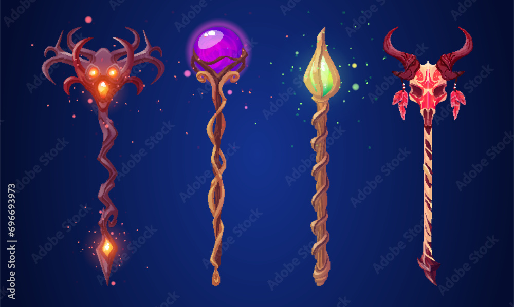 Vecteur Stock Fantasy scepter made of wood with magic ball, animal ...