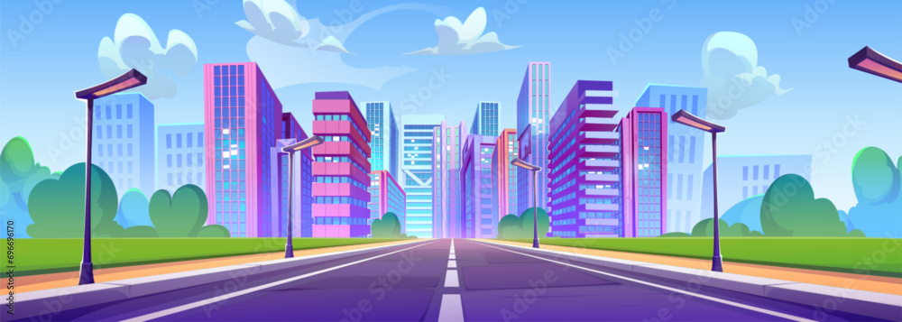 Big city with modern skyscrapers and highway perspective. Vector ...