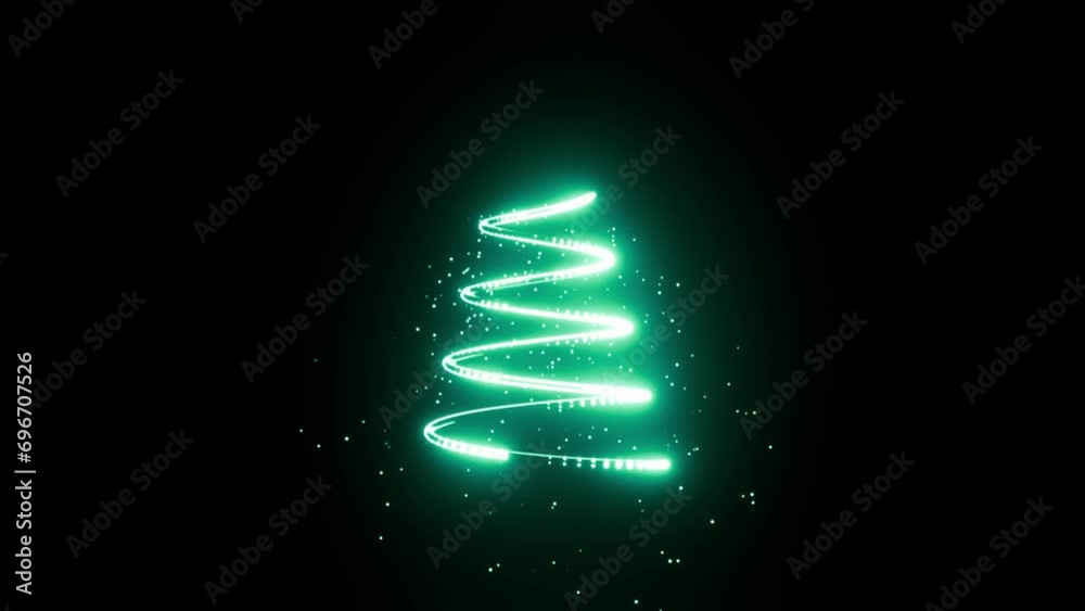 Glowing cyan Christmas tree animation with particles on black ...