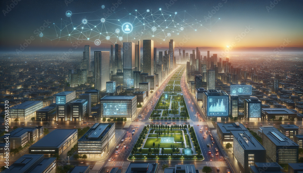 Twilight urban landscape with interconnected AI infrastructure and ...