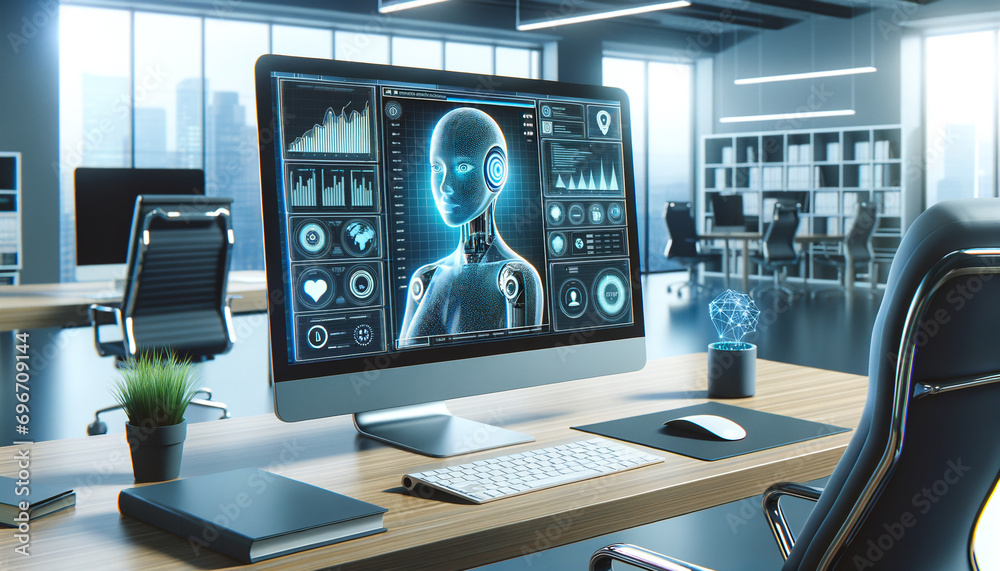 AI-powered social media analytics on sleek desktop in modern office ...