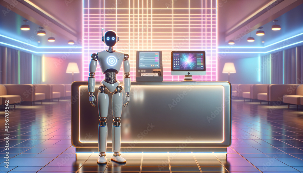 Futuristic AI Robot Concierge at Retro Hotel Check-In Desk Stock Photo ...