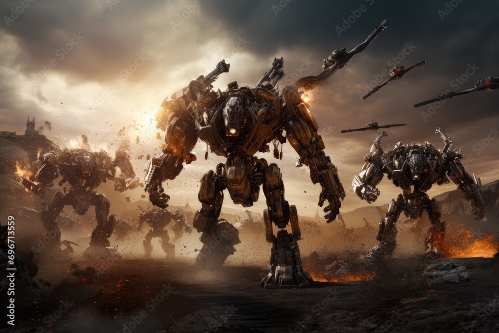 Futuristic battle scene with soldiers and robots. 3d rendering, AI War ...
