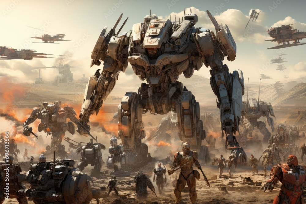 Futuristic battle scene with a group of robots. 3d rendering, AI War ...