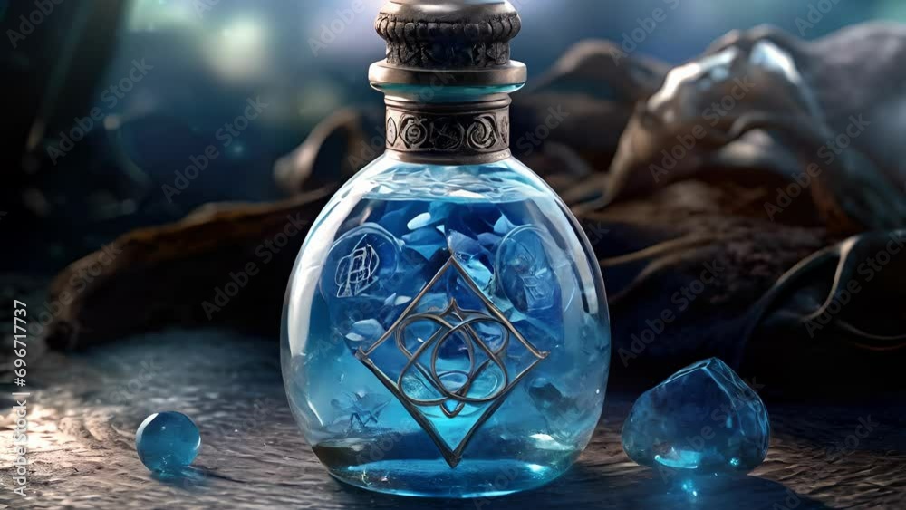 Vidéo Stock A bubbling blue liquid inside a crystal vial adorned with ...