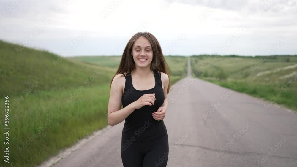 Runner girl. happy girl run along rural road. Way to success. Active ...