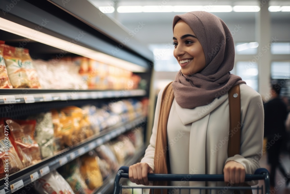 Portrait of happy muslim woman in hijab holding shopping cart in ...