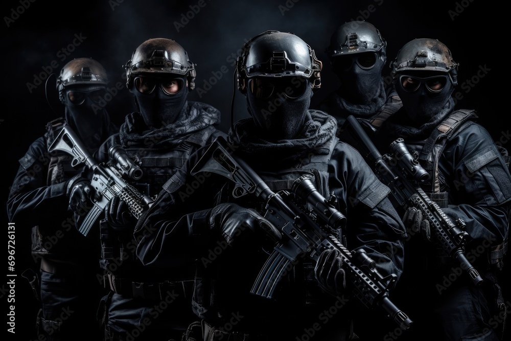 Group of special forces soldiers in full gear. Studio shot over black ...