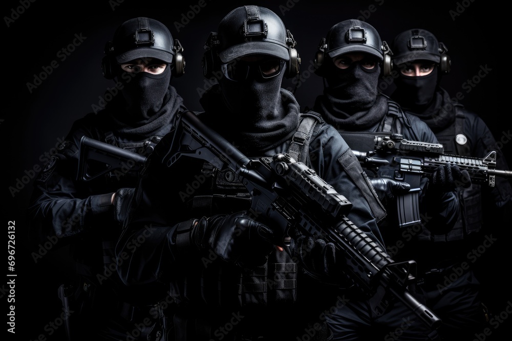Portrait of a group of masked soldiers with guns on dark background ...