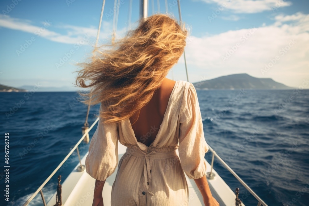 Foto de Beautiful woman sailing on a luxury yacht in the Aegean Sea ...