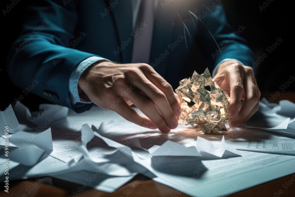 Close-up image of businessman sitting at table and crumpling paper ...