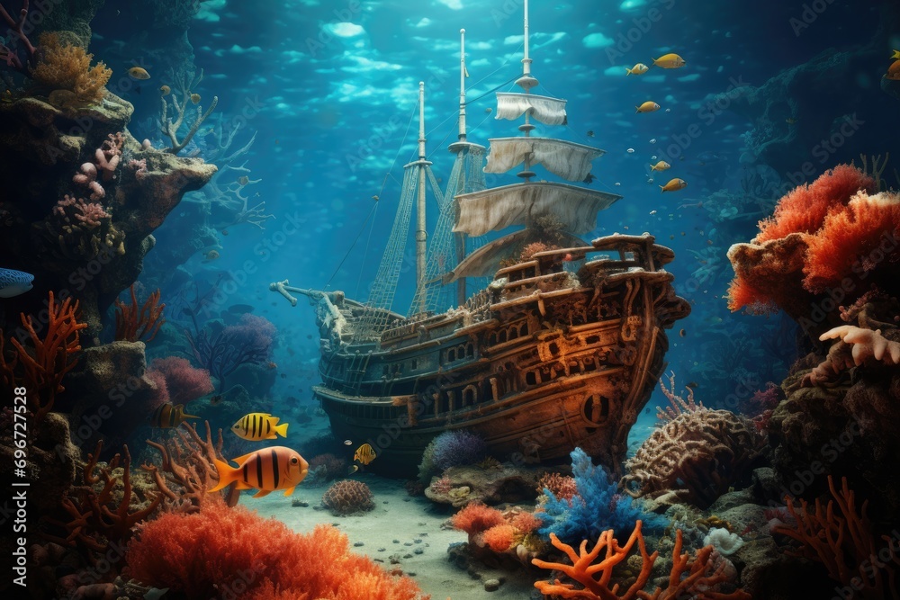 Underwater world with old sunken pirate ship and coral reef, Beautiful ...