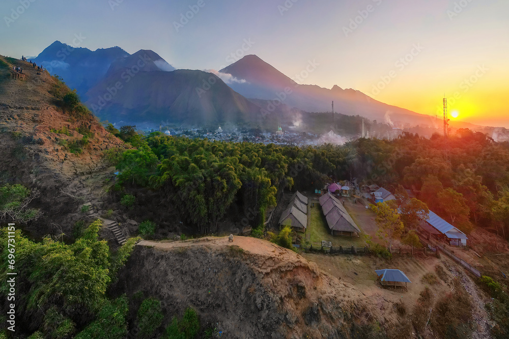 sunset in the Sembalun village lombok and Rinjani mountains Stock Photo ...