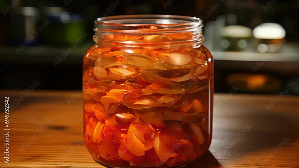 An upclose look at the distinct layers of a jar of kimchi, a ...