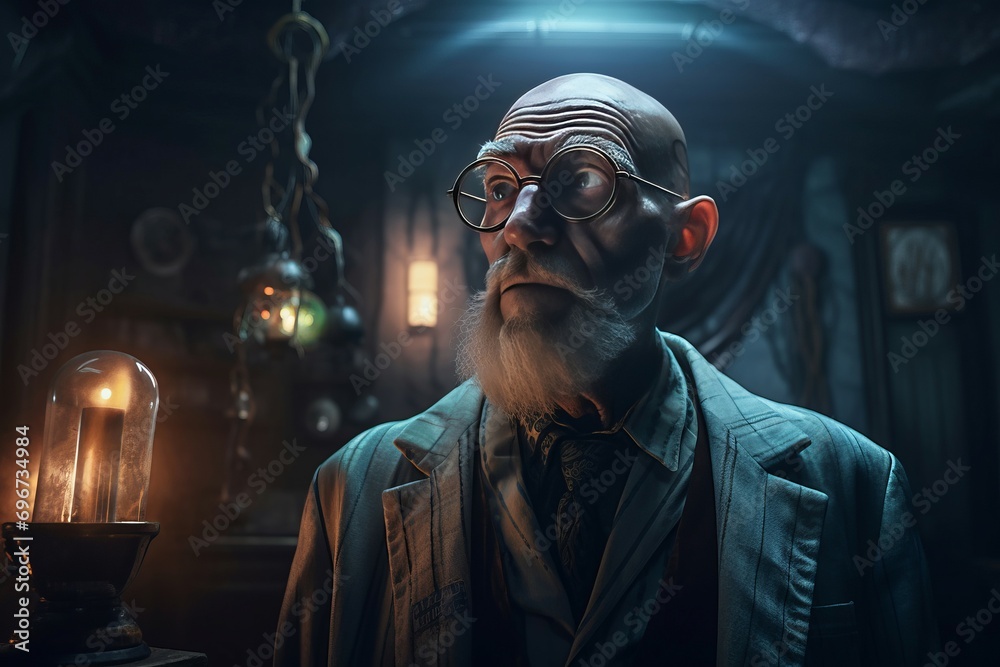 Amazing portrait of ancient professor in laboratory. Bald bearded ...