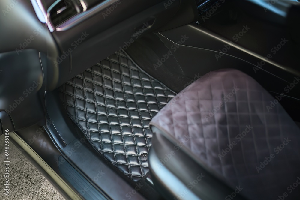 Luxury leather floor mat modern car interior driver's side. Auto ...