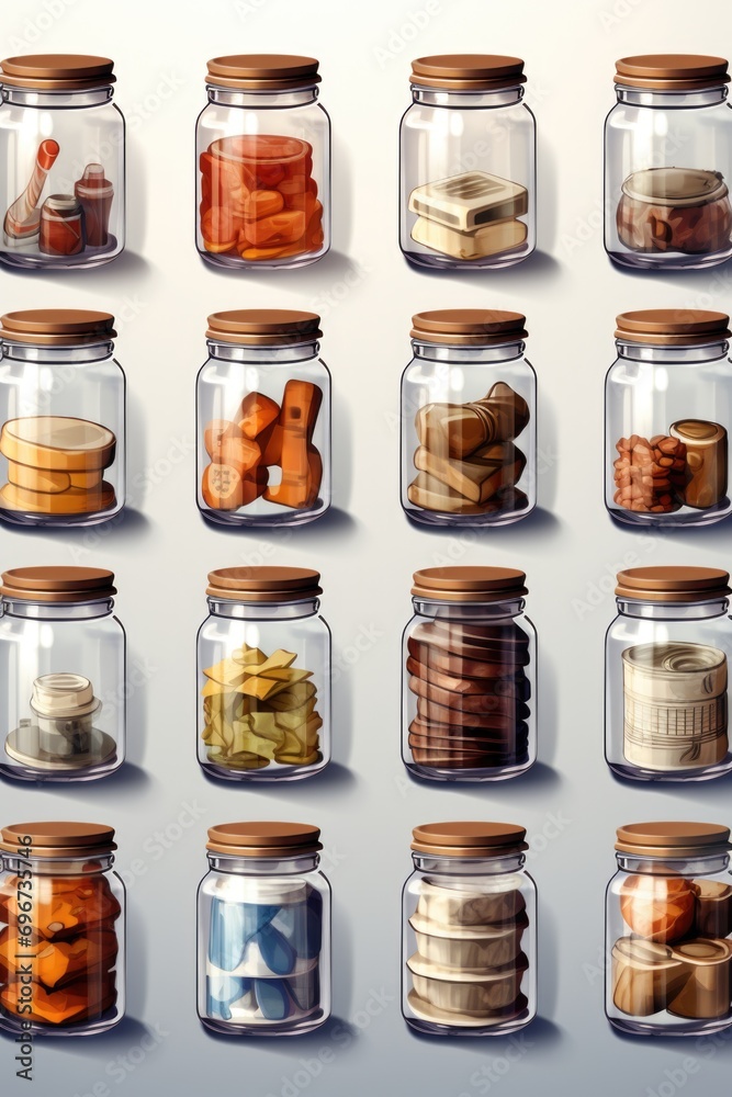 A collection of glass jars filled with different types of food. Perfect ...