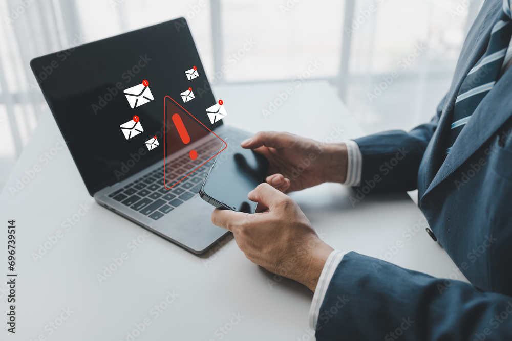 Spam email inbox notification, virus detection sent with email, warning ...