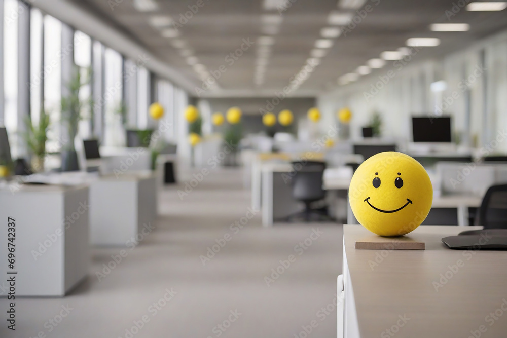 Positivity in the workplace with a yellow smiling smiley ball in the ...