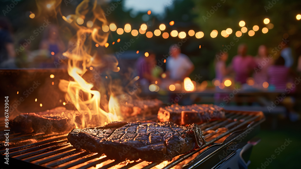 Barbecue party with people in the background, grilled steak, grilled ...