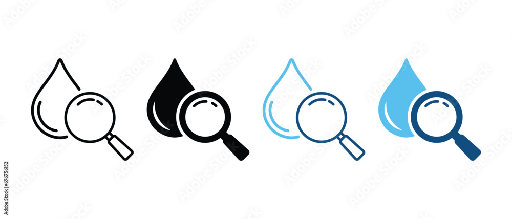 Water Research Silhouette and Line Icon Set. Magnifying Glass with Drop ...