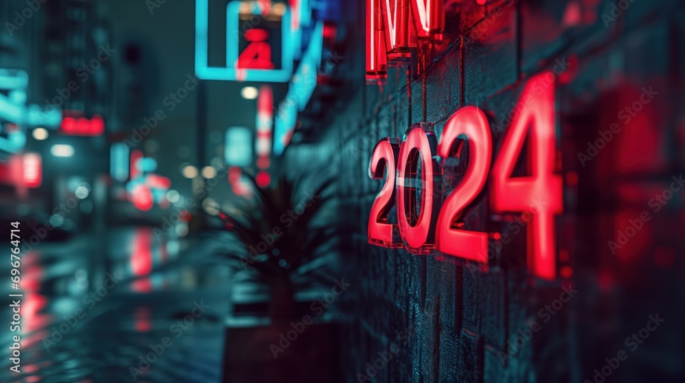 2024 neon new years sign on wall, gritty and grungy style with ...