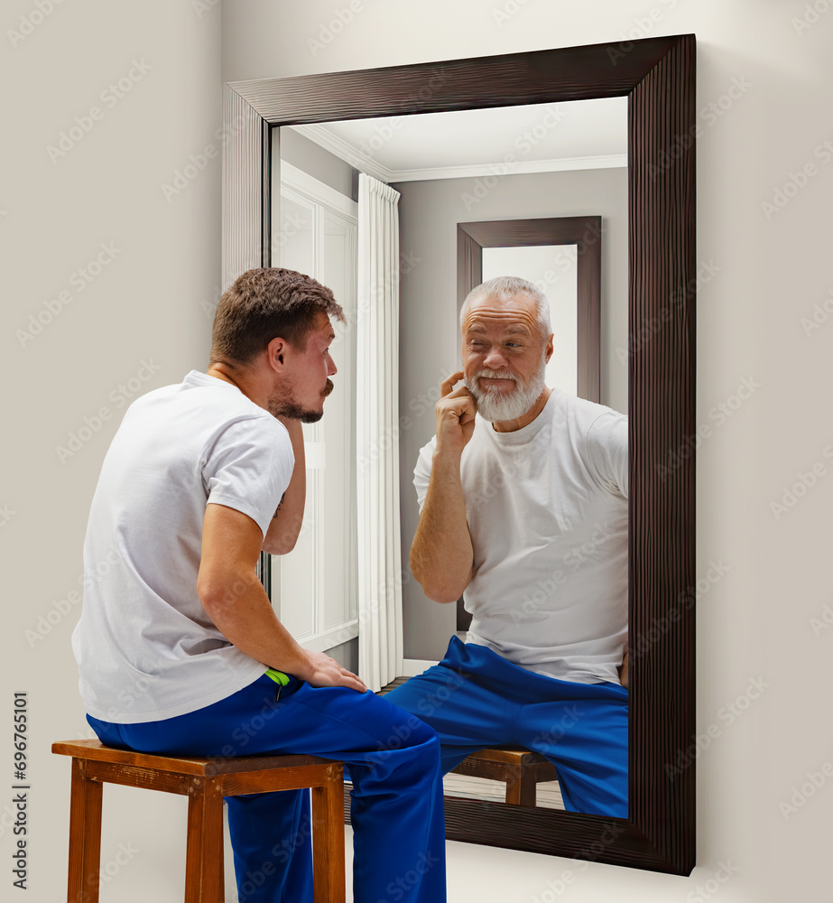 Inner talk. Man in his 30s looking in mirror with elderly reflection of him. Senior and young ...