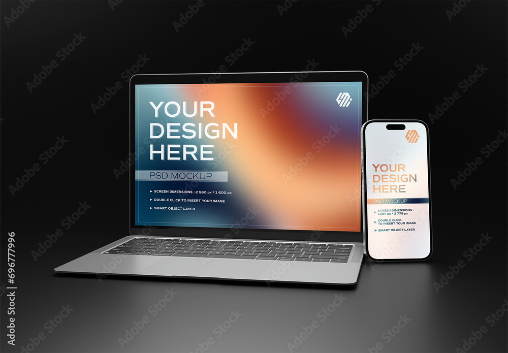 Mobile Phone and Laptop Mockup On Black Background Stock Template ...