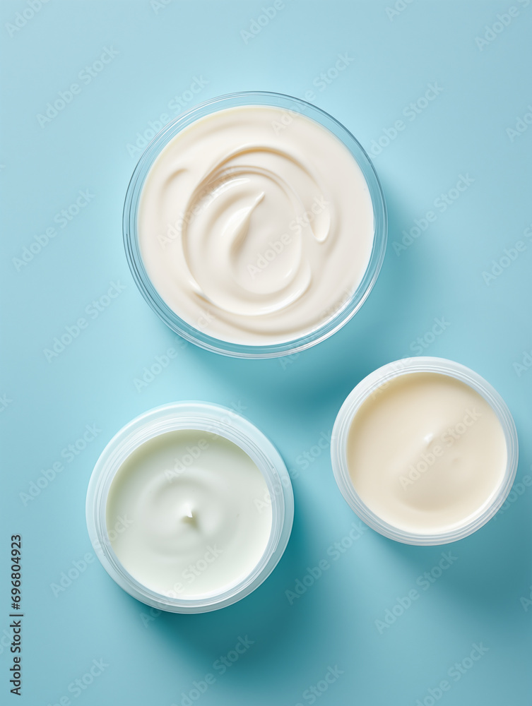 cream in a jar top view isolated on pastel blue background. texture ...