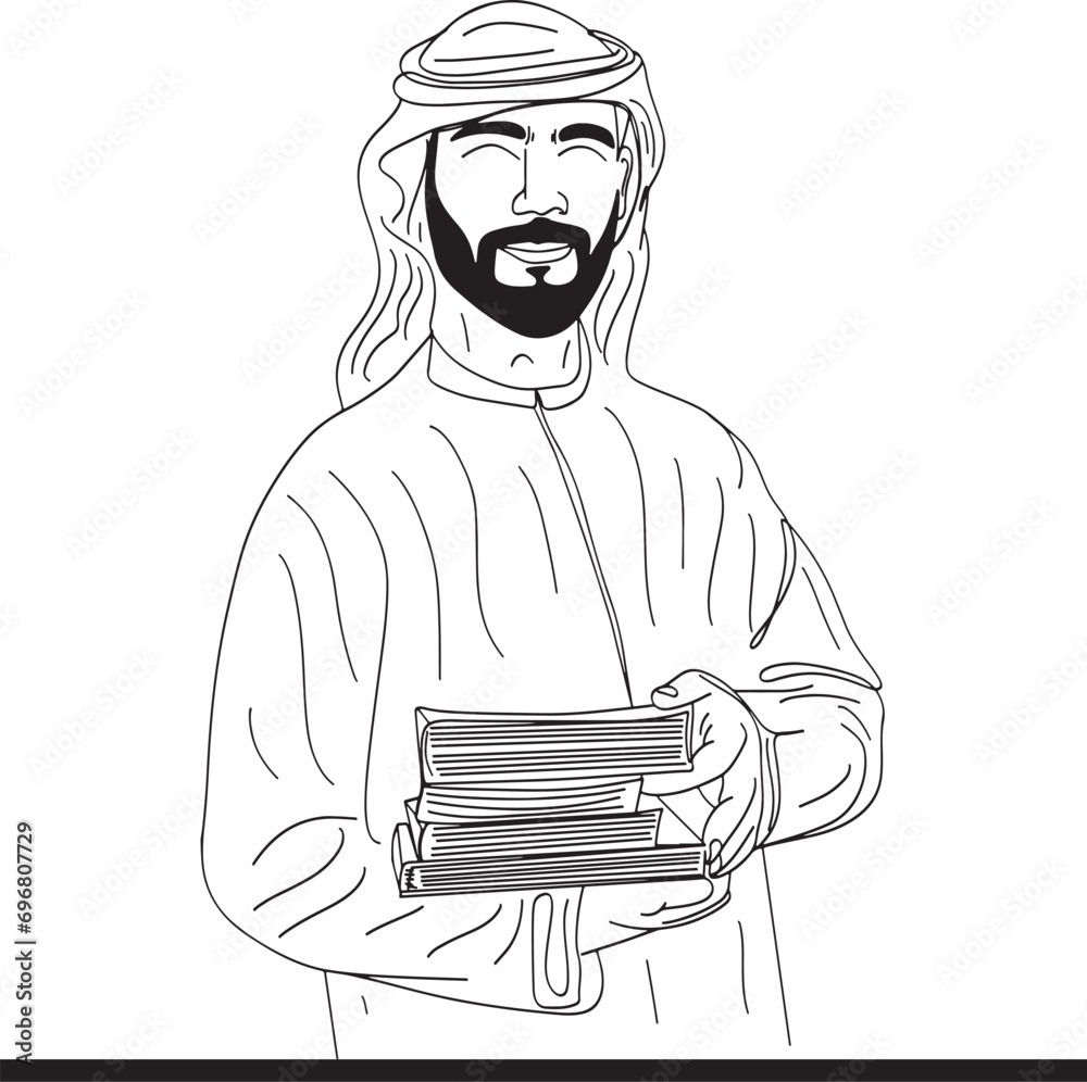 Continuous one-line drawing of Arab man holding books, Arab student ...