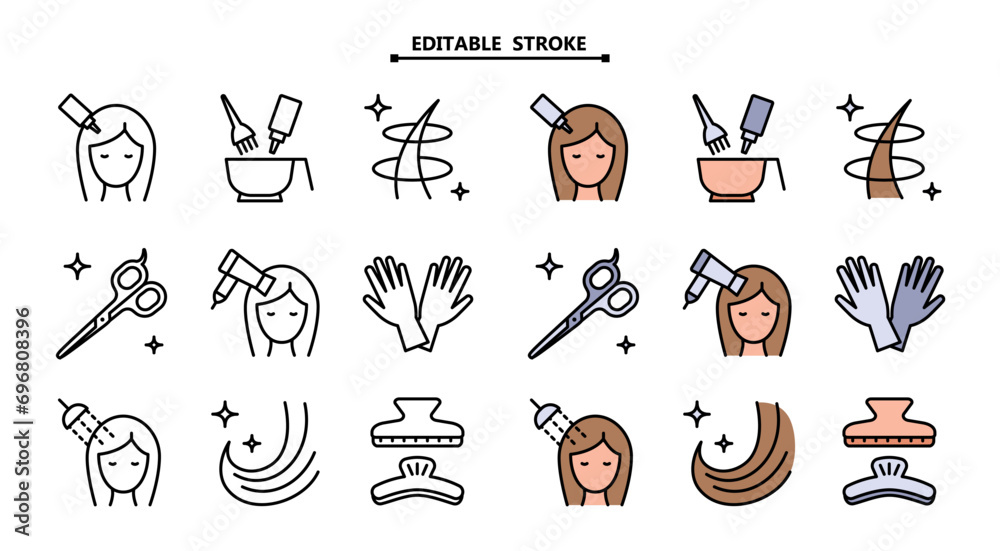 Hairdresser service color outline icons set. Editable stroke. Beauty ...