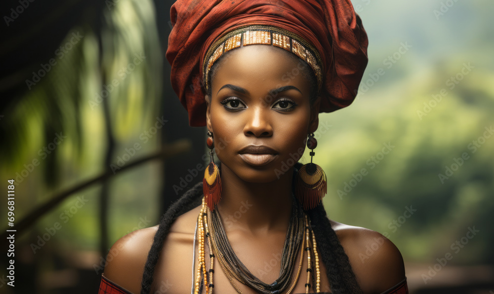 Regal African woman in traditional attire standing with a poised gaze ...