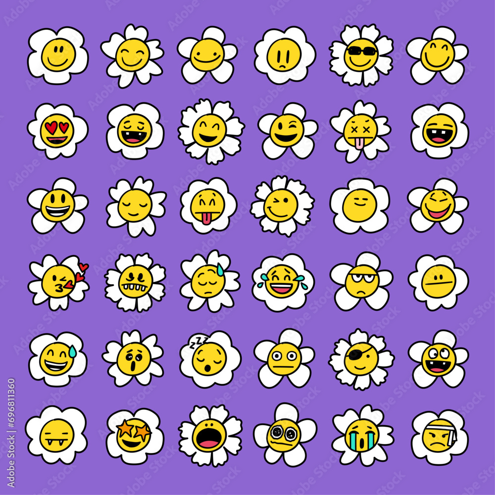 Cartoon daisy flowers. Flower retro face, smile happy chamomile characters. Cute kids floral ...