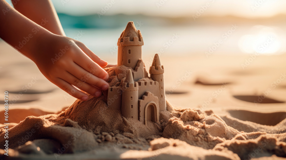 Boy, girl building sand castle on beach on blurred ocean background ...
