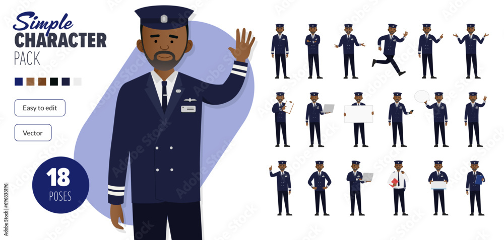 Simple flat British airline pilot vector character, in a set of ...